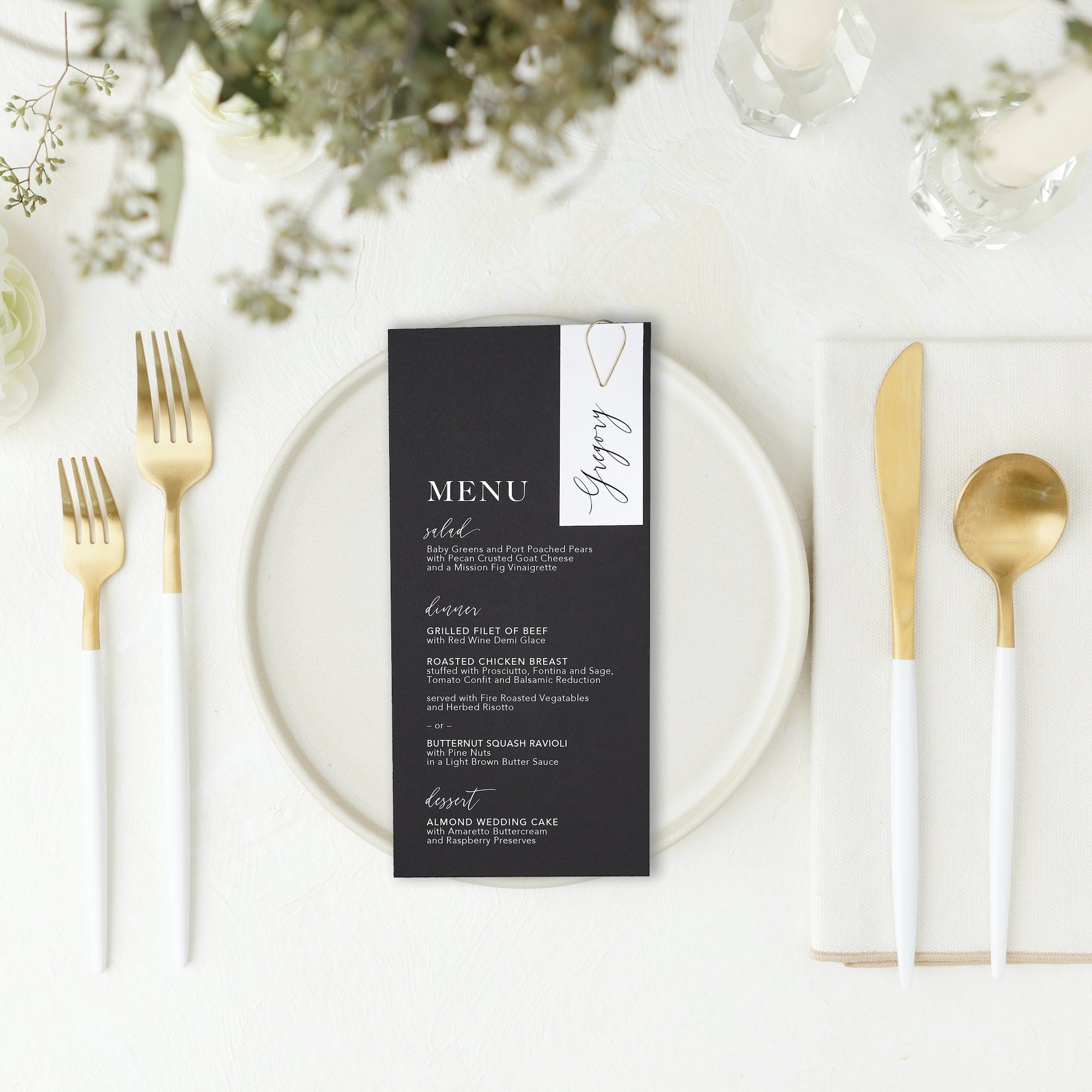 Modern Menu with Clipped Name Tag – PAPER & LACE